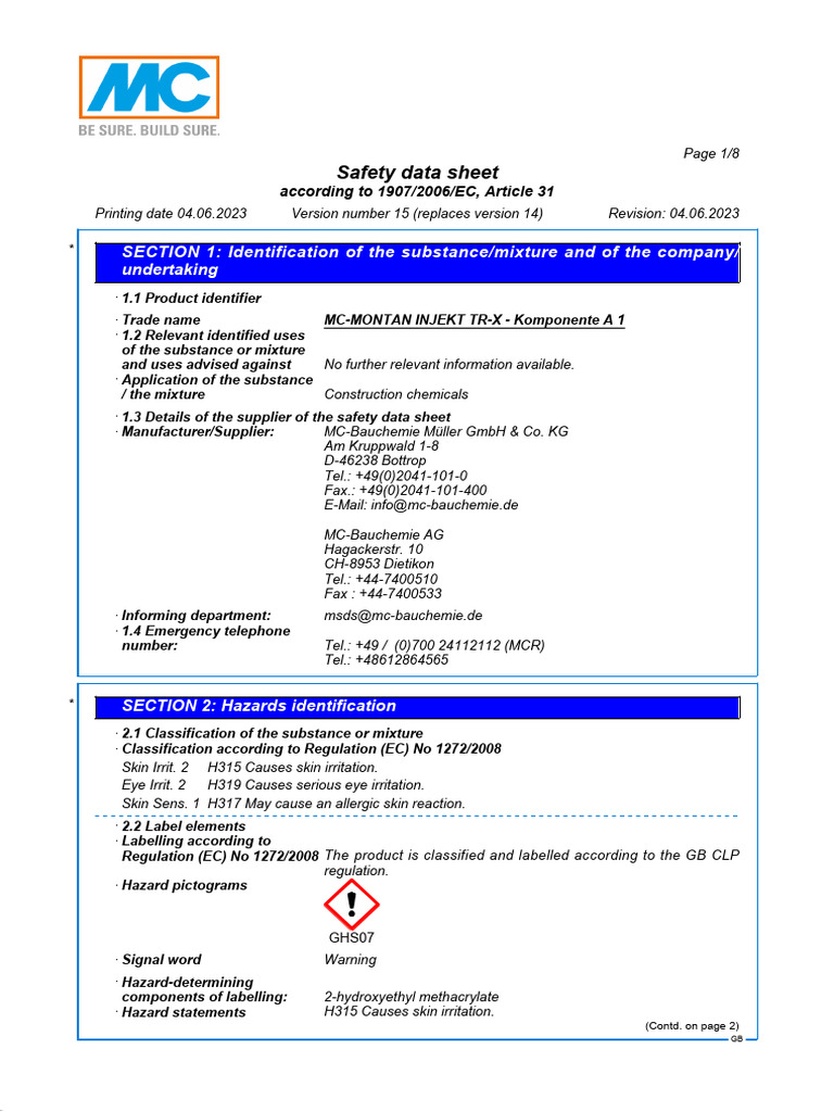 MC-MONTAN - INJEKT - TR-X - Komponente - A - 1 - GB - EN - SDS | PDF ...