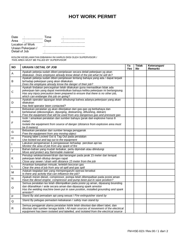 FM-HSE-023 Hot Work Permit | PDF