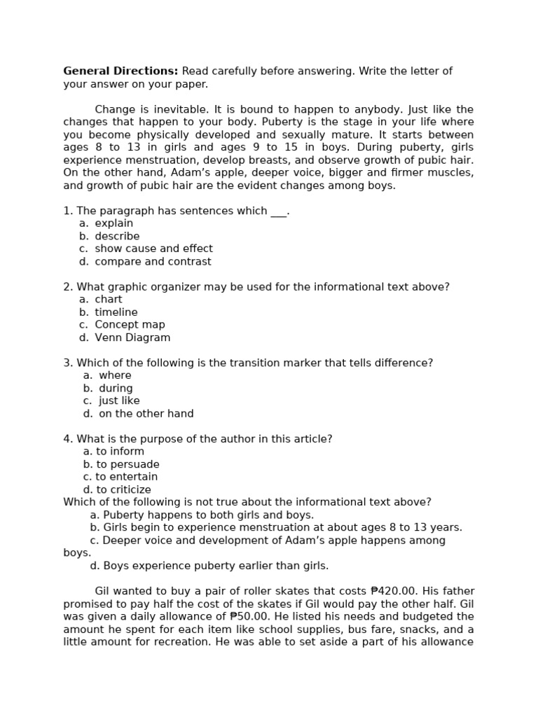 summative test english 6 | PDF | Puberty