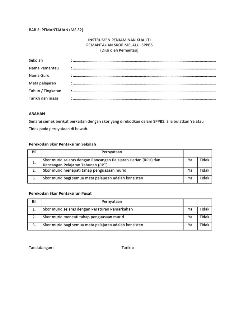 Borang Pemantauan Skor Melalui SPPBS | PDF