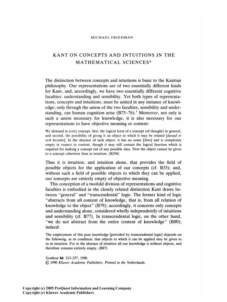 Friedman. Kant On Concepts and Intuitions in The Mathematical Science (Synthese 1990) | PDF ...
