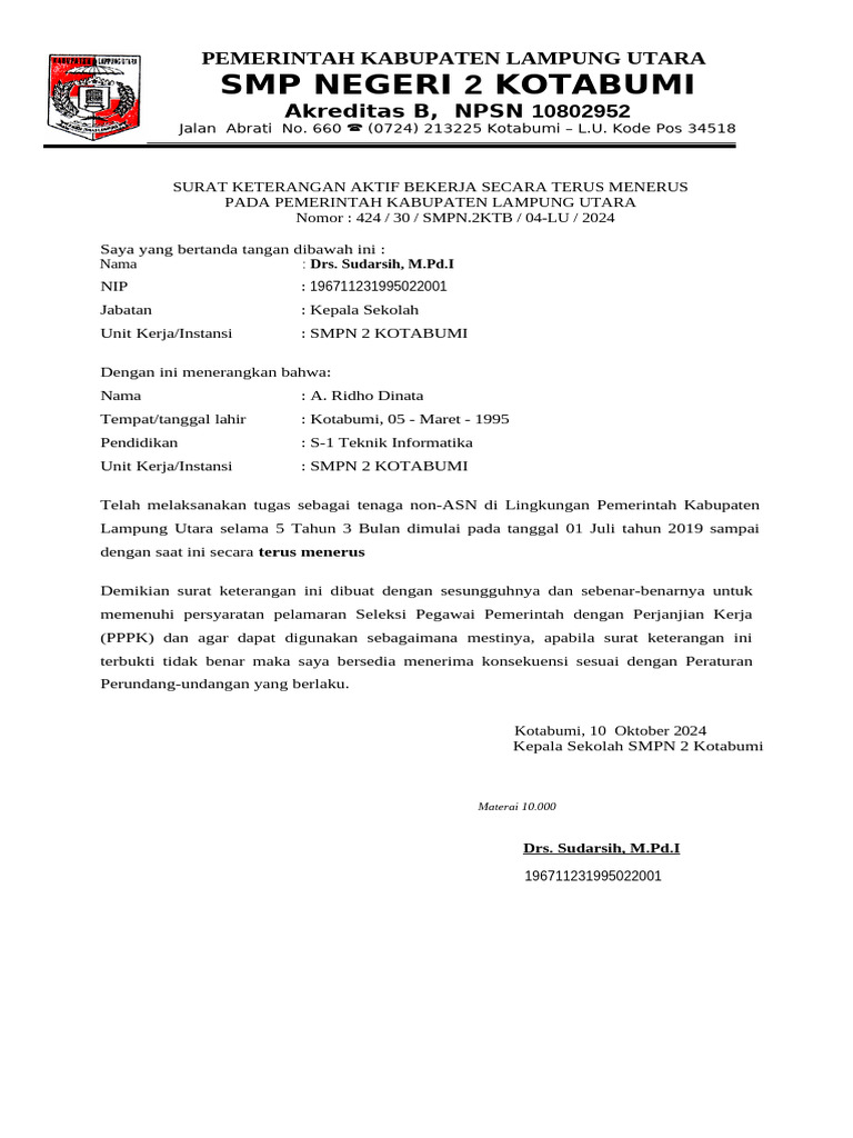 Surat Keterangan Aktif Bekerja Terus Menerus Edok | PDF