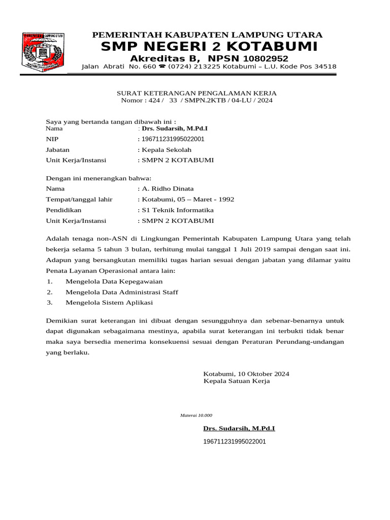 Surat Keterangan Pengalaman Kerja Edok | PDF | Karier & Perkembangan