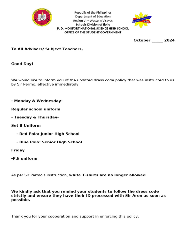 Dress Code Letter | PDF