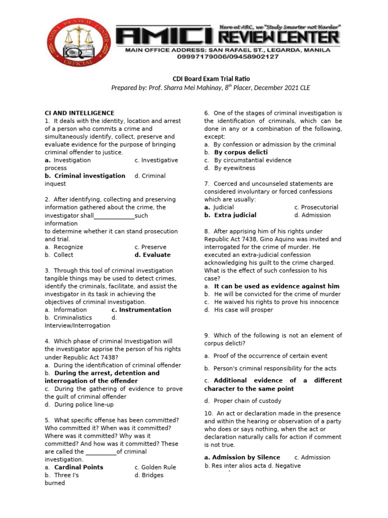G1-Cdi-Ratio-Ans. Key | PDF | Crime Scene | Confession (Law)