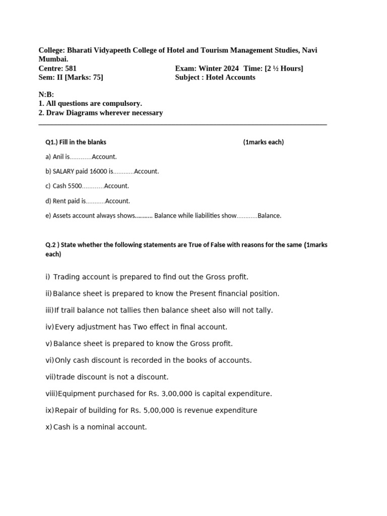 Question Paper Bharati Vidyapeeth 2nd Sem 2024 - New | PDF | Debits And ...