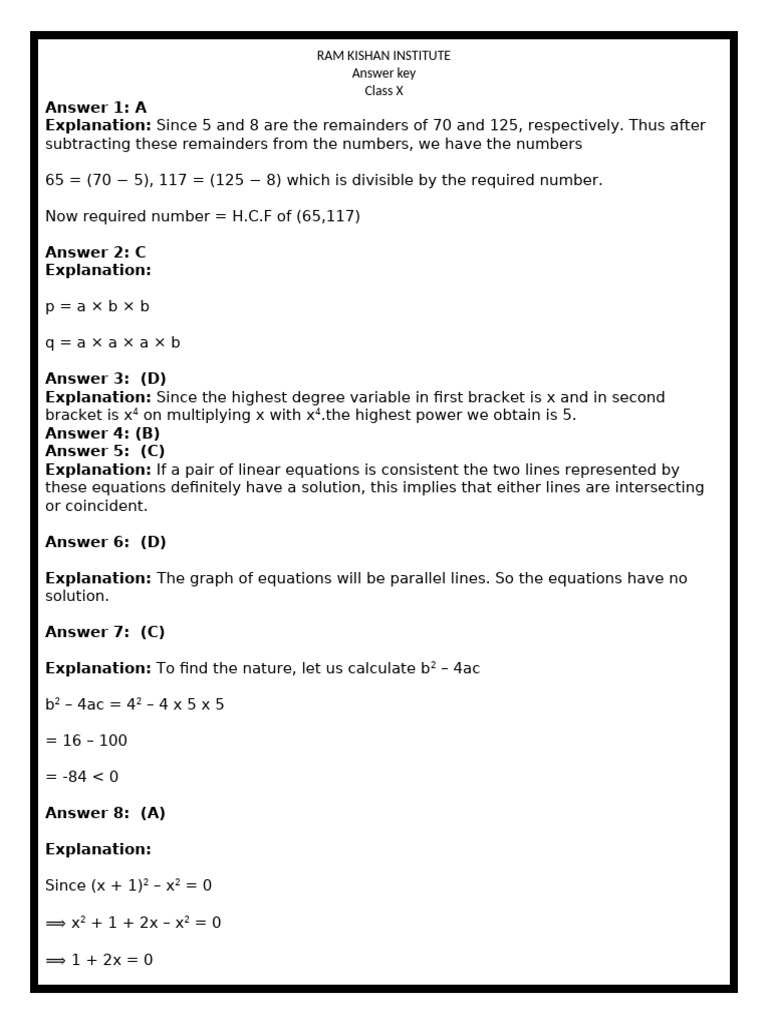 Class 10 Maths Question Paper Answer Key | PDF | Mathematics ...