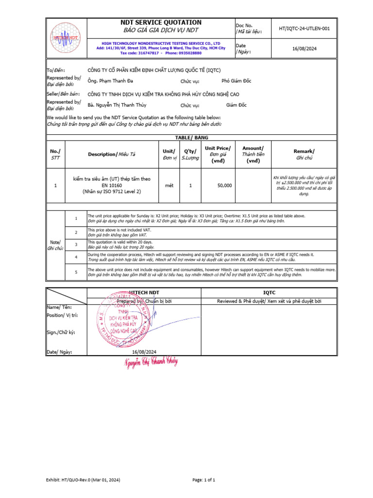 Hitech NDT Ut en 10160 Quotation Rev.0 | PDF
