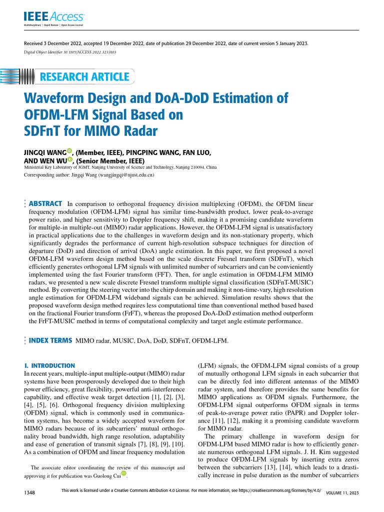 Waveform Design and DoA-DoD Estimation of OFDM-LFM Signal Based On SDFNT For MIMO Radar | PDF ...