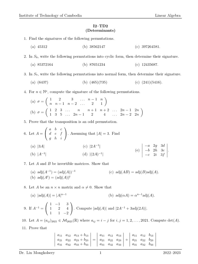 Linear Algebra TD2 (2022 23) | PDF | Permutation | Determinant