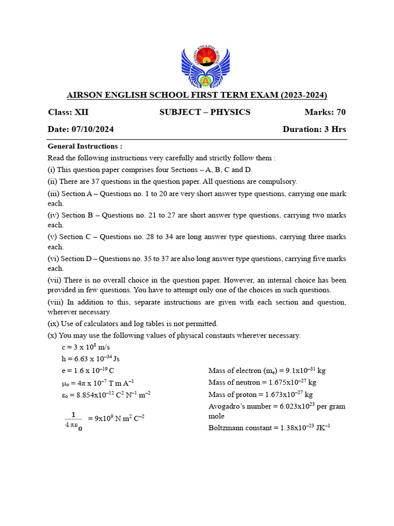 Airson 12th Term 1 QP | PDF | Diffraction | Photoelectric Effect