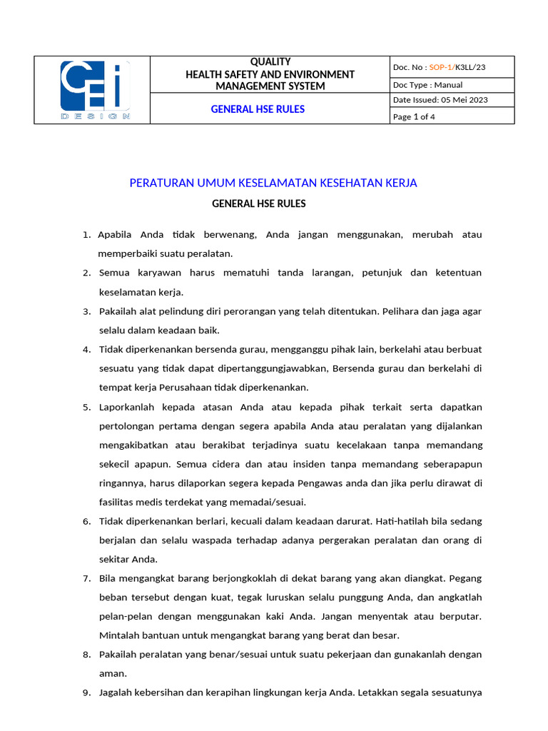 Sop1 Peraturan K3 Umum | PDF
