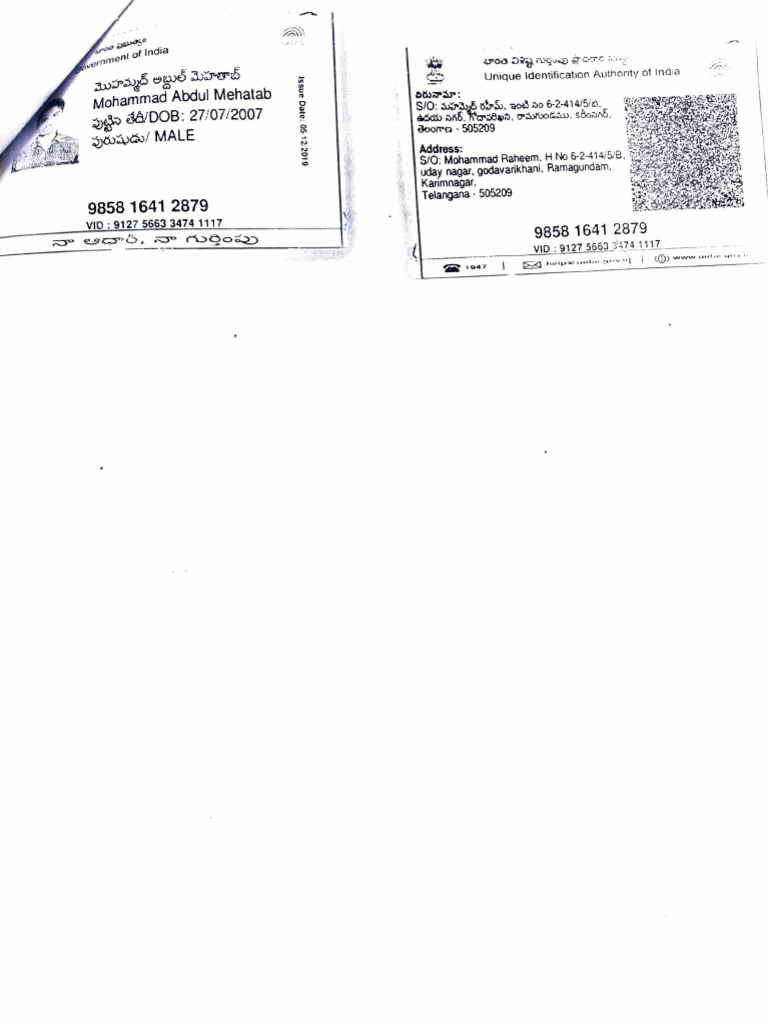 Aadhaar Card Details for Mohammad Abdul Mehatab | PDF