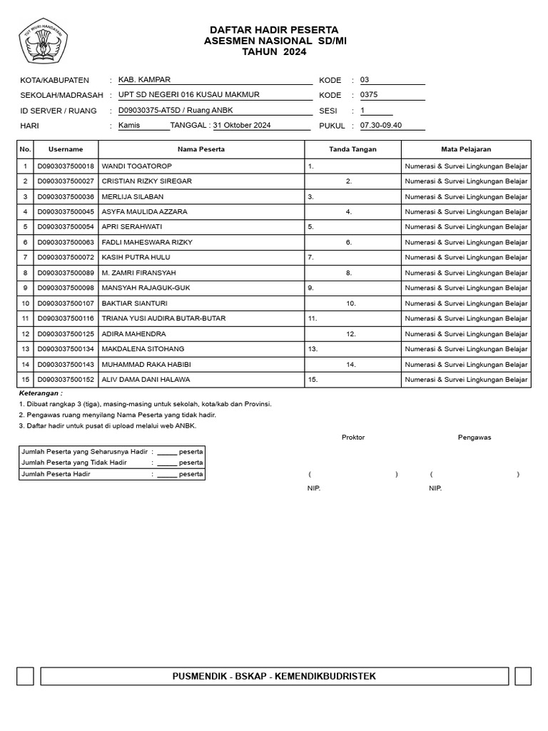 Absen Numerasi Asesmen Nasional - Tahun 2024 | PDF | Karier & Perkembangan