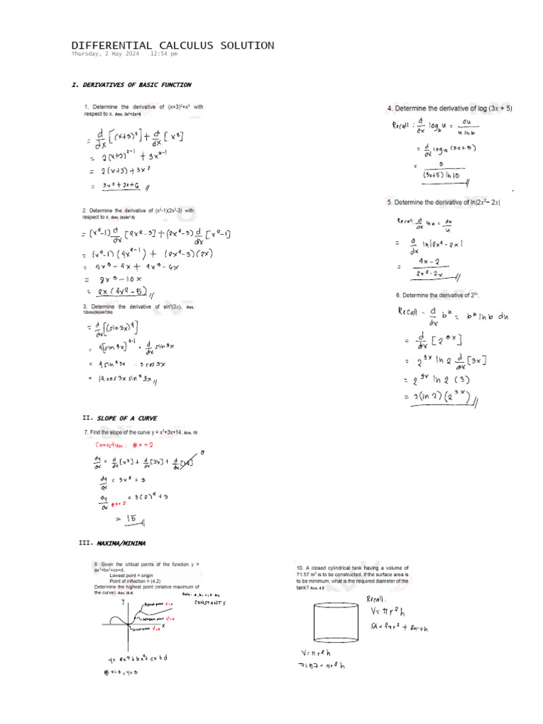 Differential Calculus Solution: I. Derivatives of Basic Function | PDF