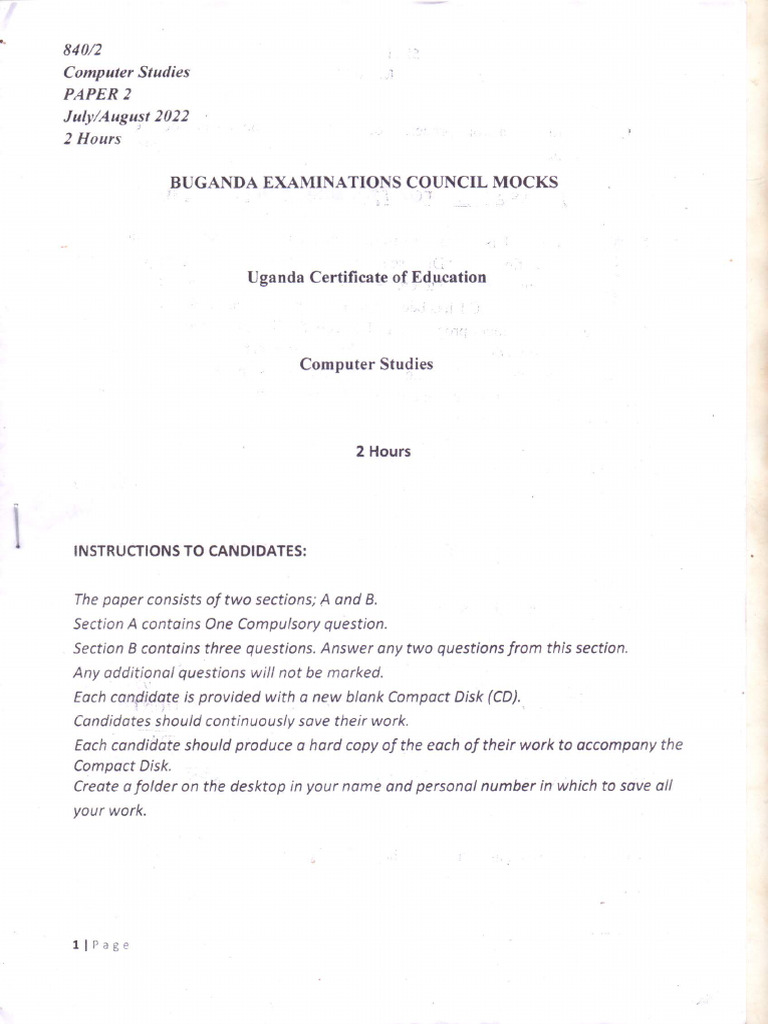 Buganda Examinations Council 2022 Mock Computer Studies Paper 2 | PDF