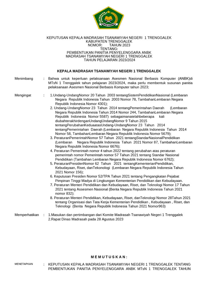 SK Pembentukan Panitia Anbk 2023-2024 | PDF