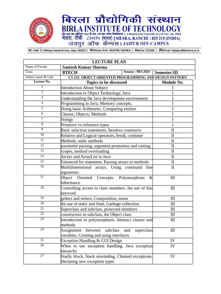 Lecture Plan Cs233 Oopdp Pdf Method Computer Programming Class Computer Programming