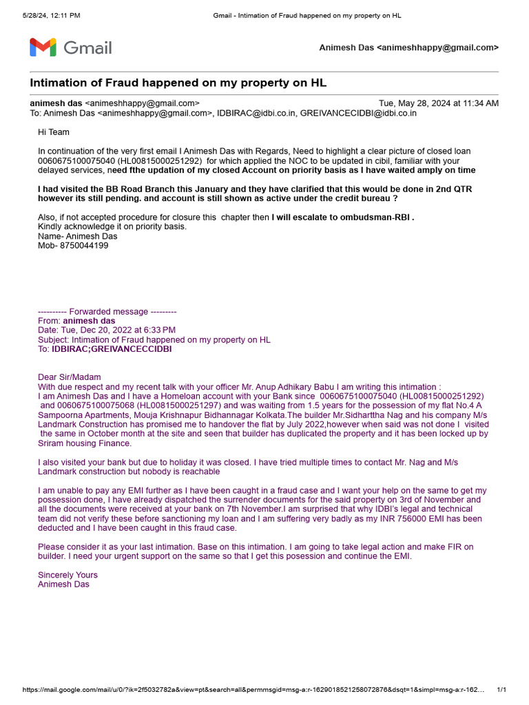 Gmail - Intimation of Fraud Happened On My Property On HL | PDF | Career & Growth | Law