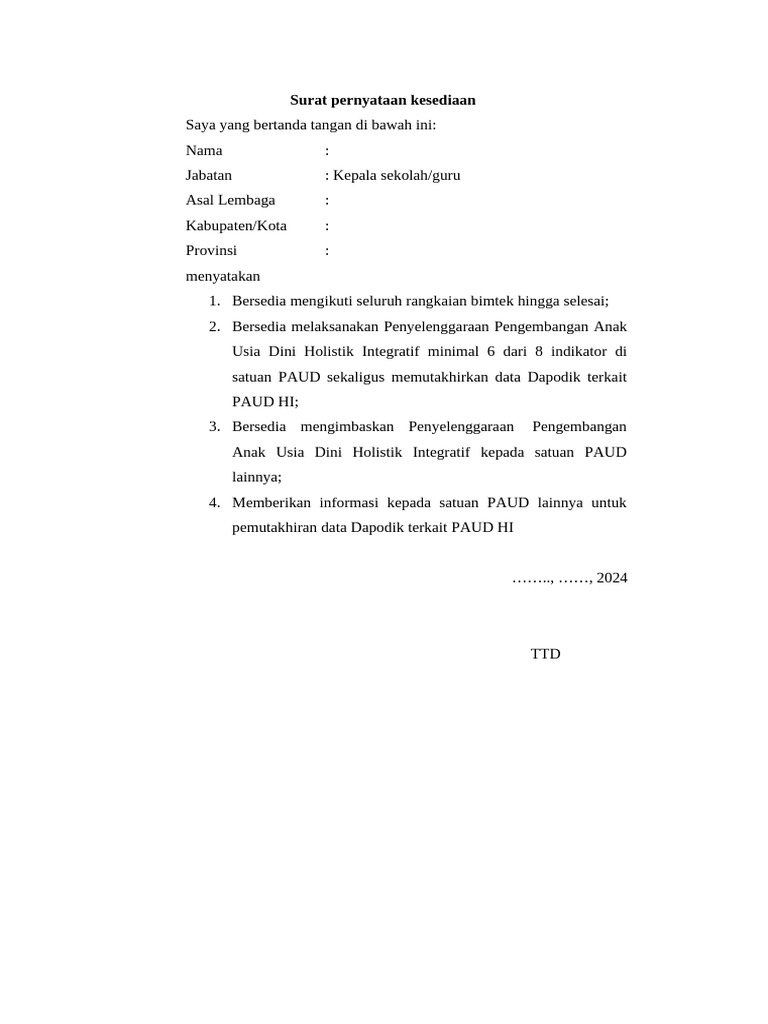 Surat Pernyataan Peserta Kesediaan Mengikuti BIMTEK | PDF | Ilmu Sosial ... Surat Pernyataan Peserta Kesediaan Mengikuti BIMTEK | PDF | Ilmu Sosial ...