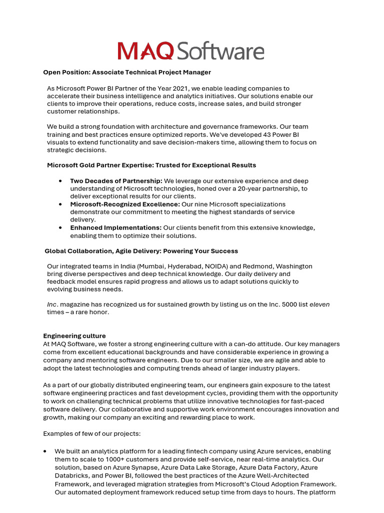 MAQ Software - Job Description - Associate Technical Project Manager | PDF | Microsoft Azure ...