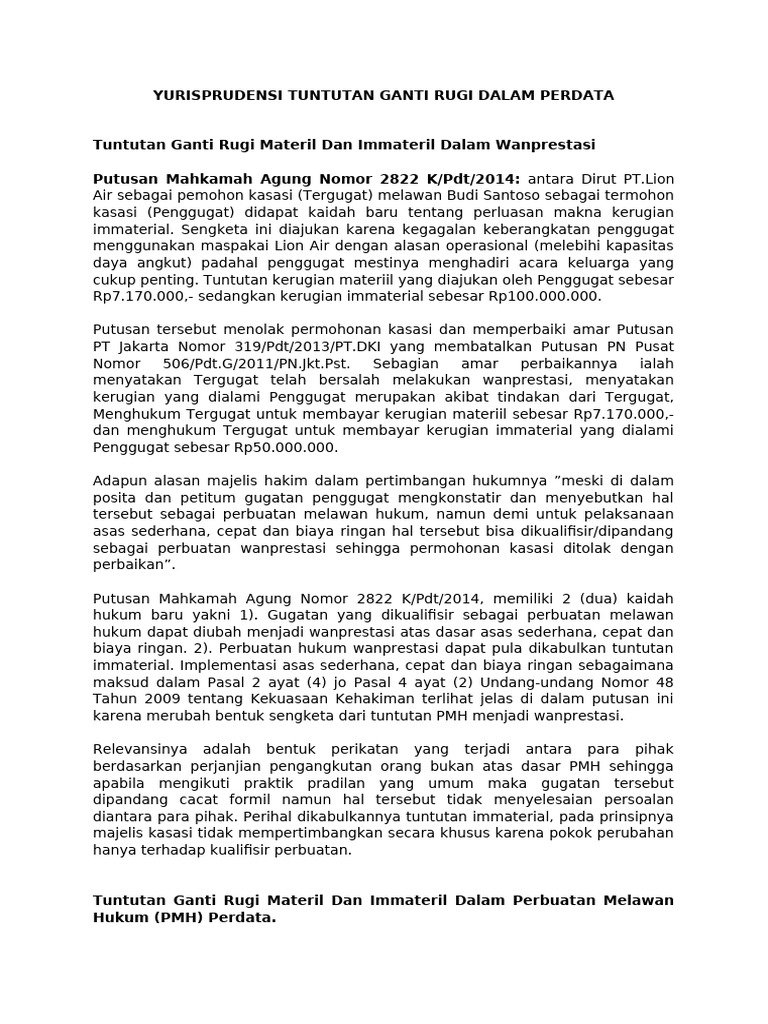 Yurisprudensi Ganti Rugi Materiil dan Immateriil | PDF | Hukum