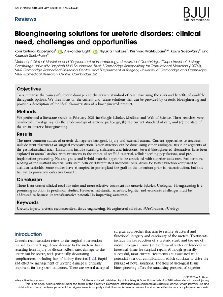 Bioengineering Solutions For Ureteric Disorders-Clinical Need ...