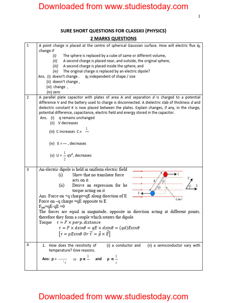 CBSE Class 12 Physics 2 Mark Question Bank | PDF | Photoelectric Effect ...