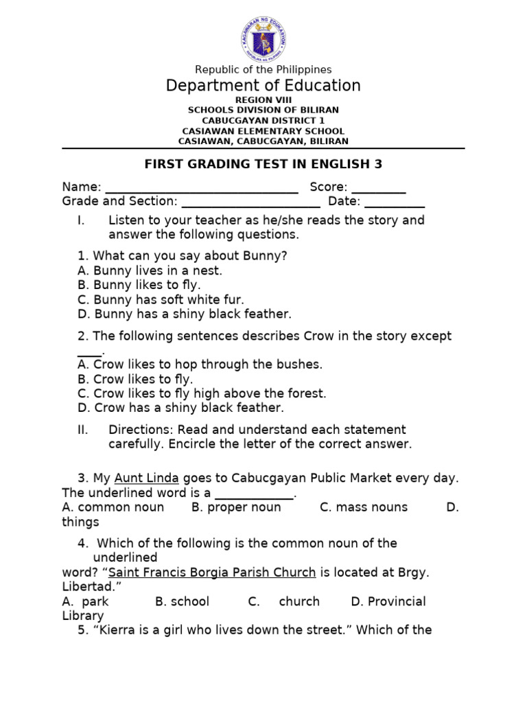 First Quarter Test English 3 | PDF | Sentence (Linguistics) | Goose