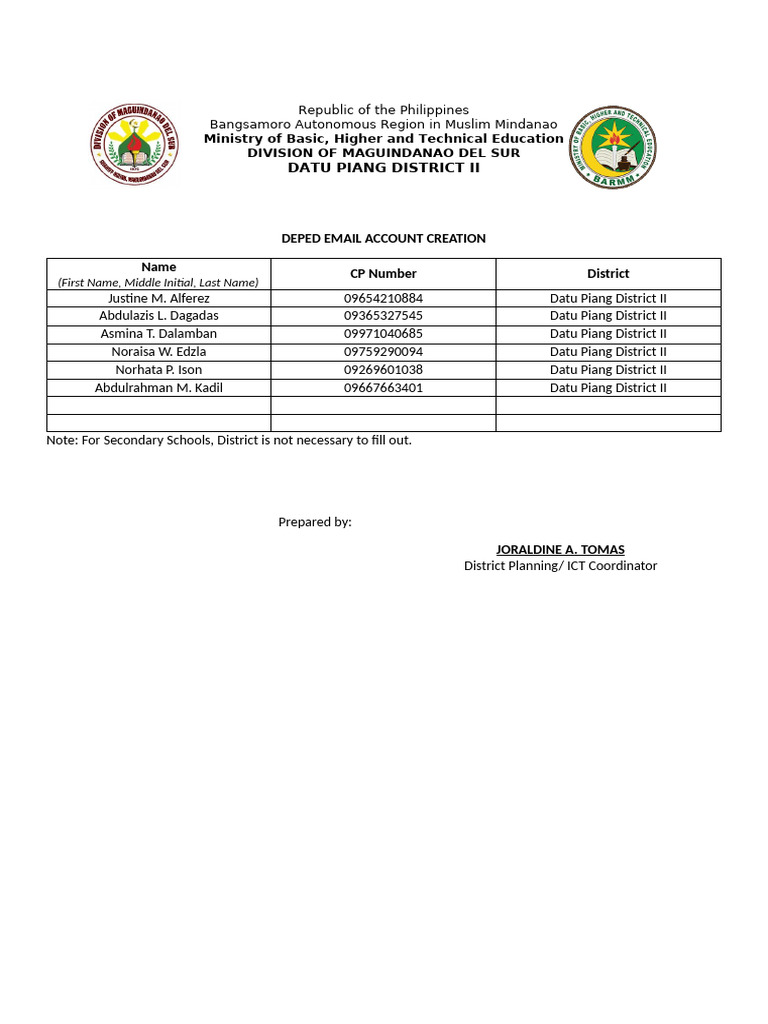 DATU PIANG DISTRICT 2 - Template Creation of DepEd Email Account | PDF