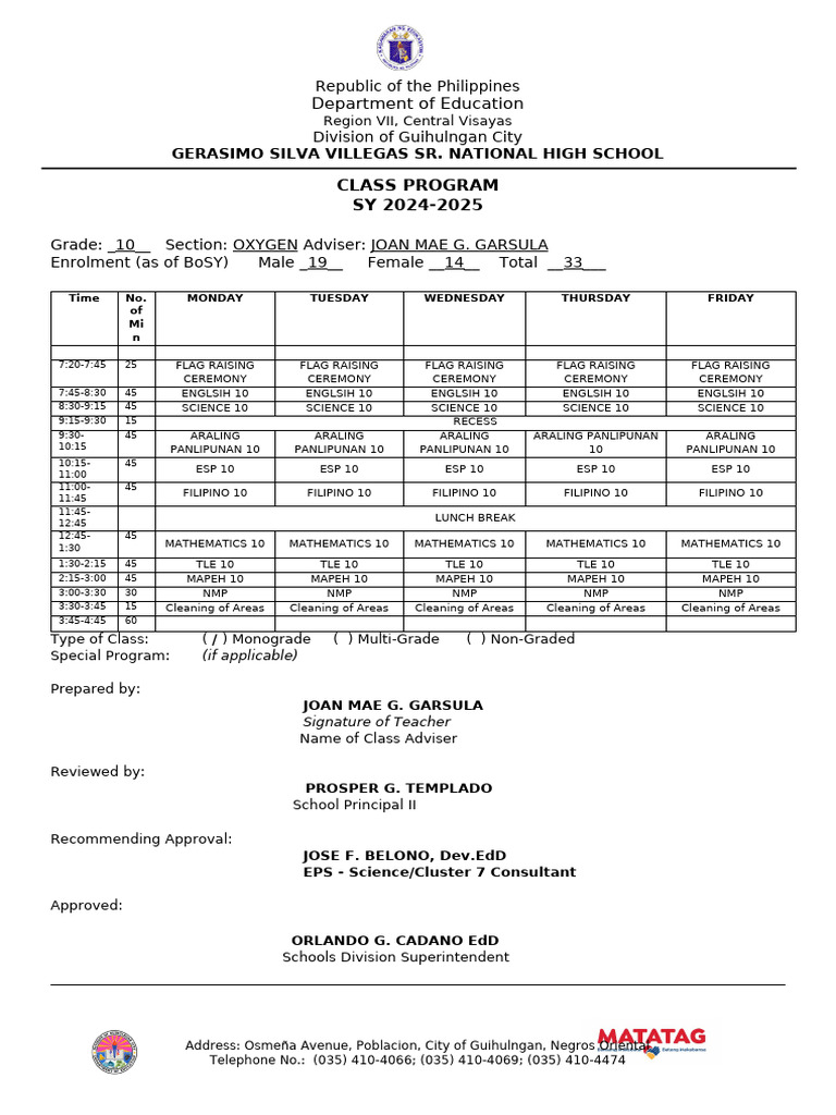 Template For Class Program JHS - JOAN | PDF | Philippines