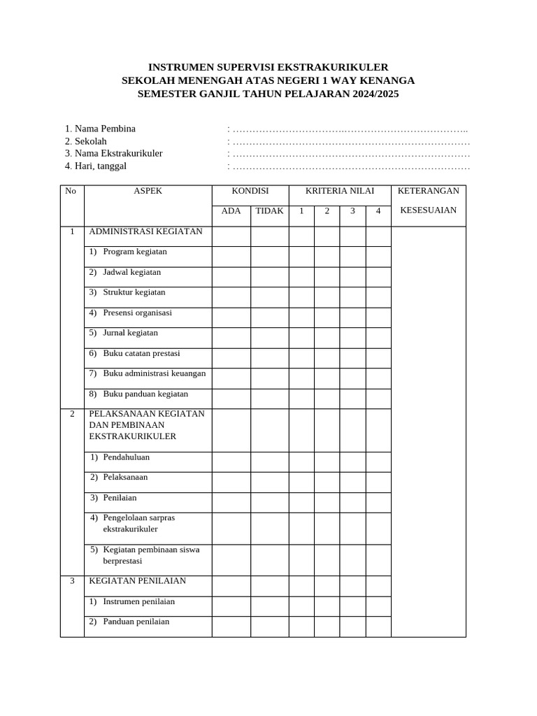 Instrumen Supervisi Ekstrakurikuler | PDF