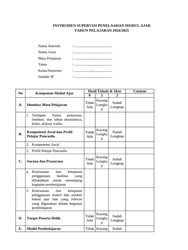 Instrumen Supervisi Penelaahan Modul Ajar | PDF