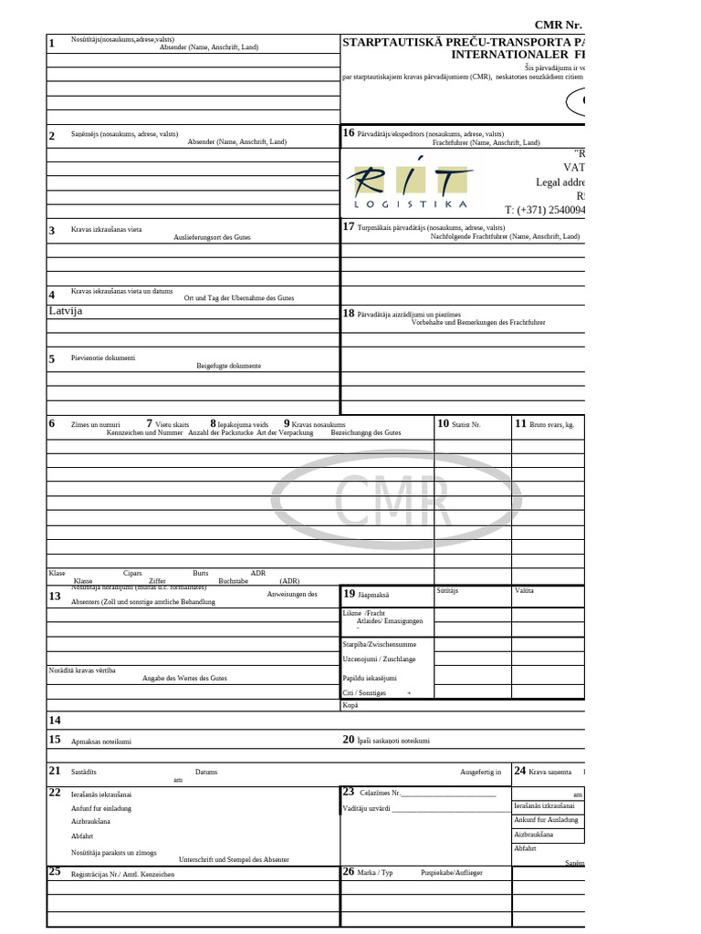Ritlogistika CMR Veidlapa Excel | PDF