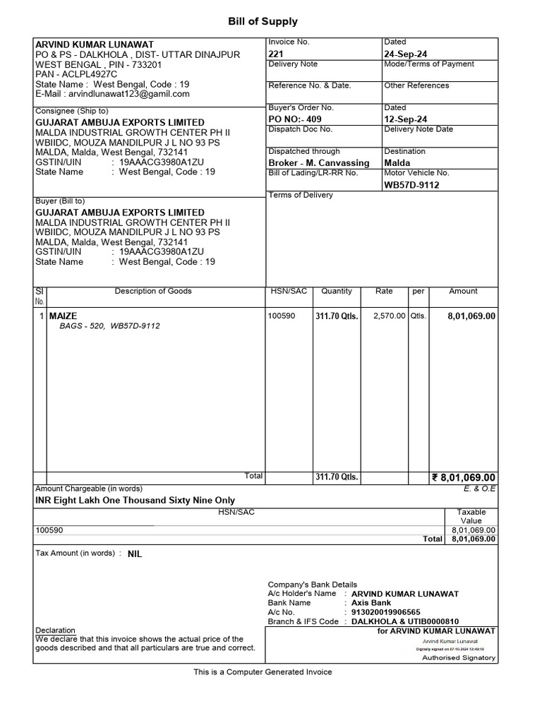 Bill of Supply: Arvind Kumar Lunawat 221 24-Sep-24 | PDF | Payments | Taxes