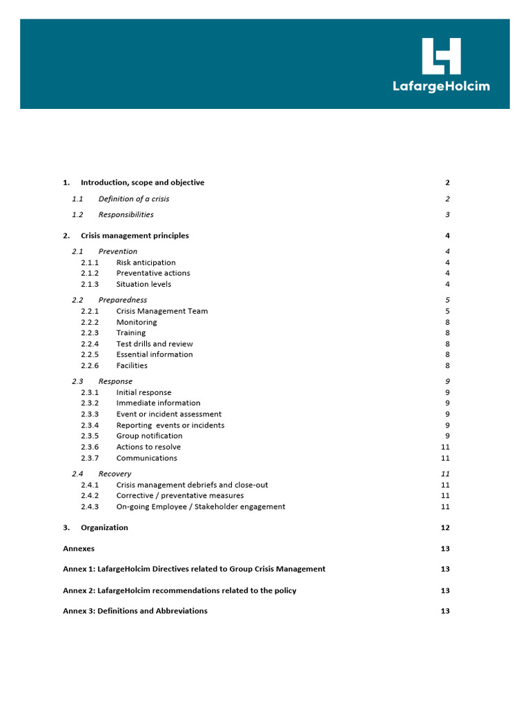 LafargeHolcim Crisis Management Directive | PDF | Crisis Management ...