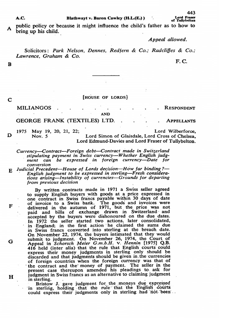 Miliangos Respondent and George Frank (Textiles) Ltd. Appellants (1976) A.C. 443 | PDF
