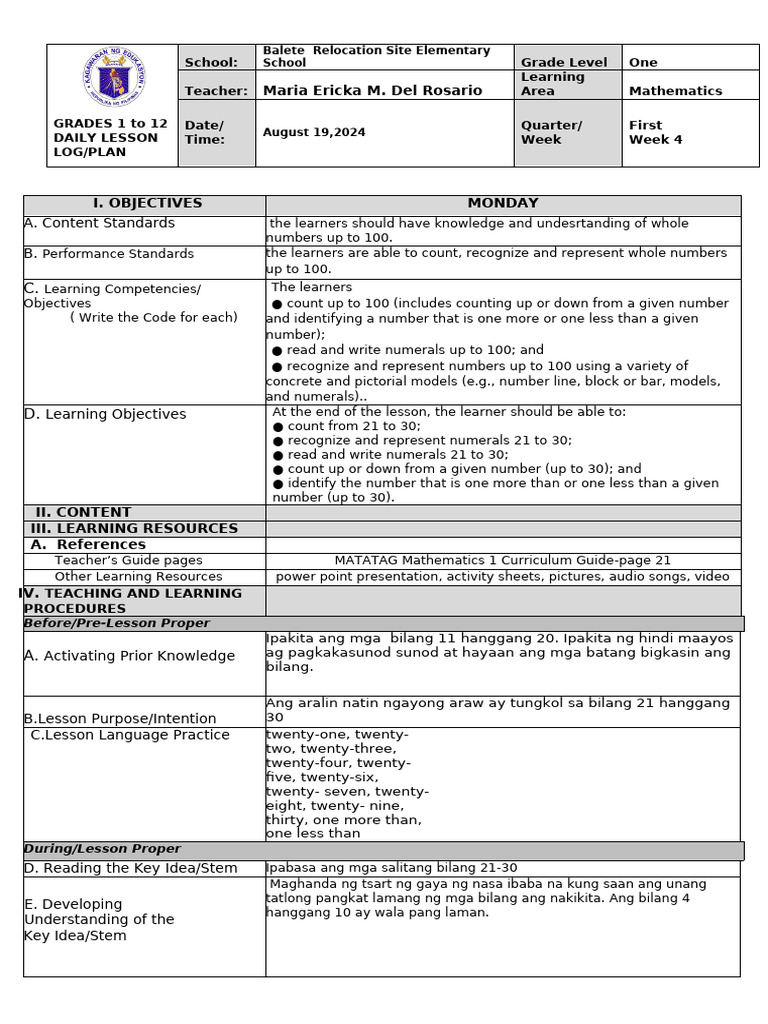 DLL-MATH-Q1W4 | PDF | Learning | Teachers