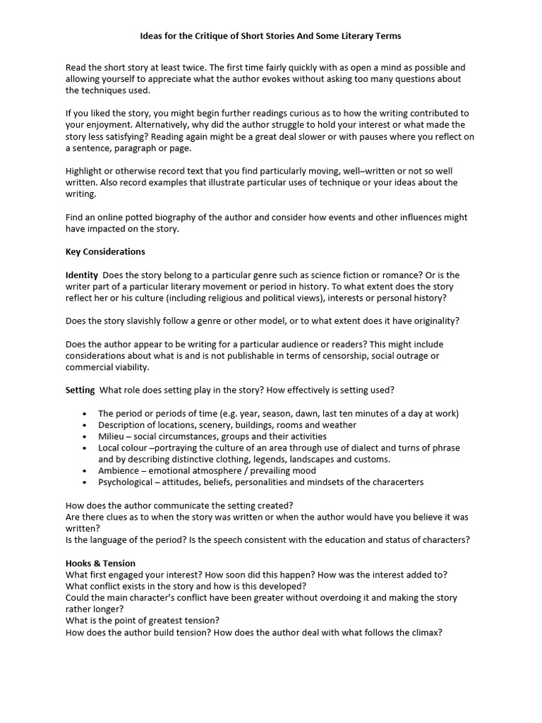 Short Story Critique&Terms | PDF | Narration | Plot (Narrative)