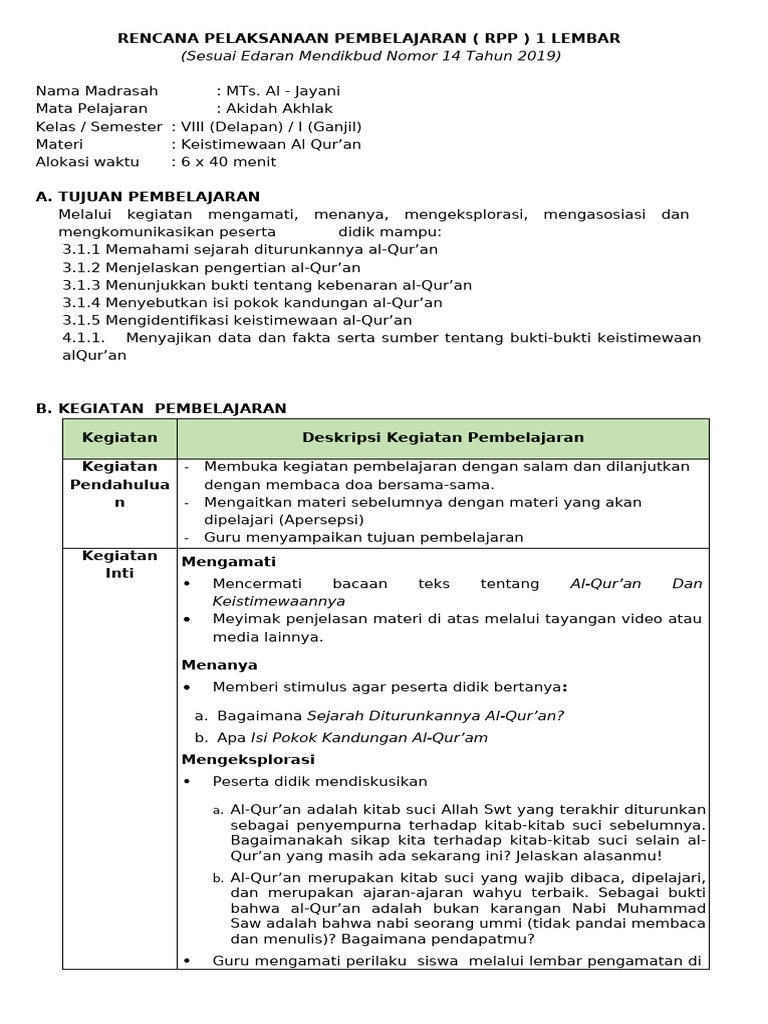 RPP Akidah Akhlak Kelas 8 Semester 1 | PDF | Sains & Matematika
