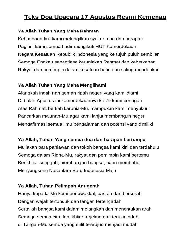 Teks Doa Upacara 17 Agustus Resmi Kemenag | PDF
