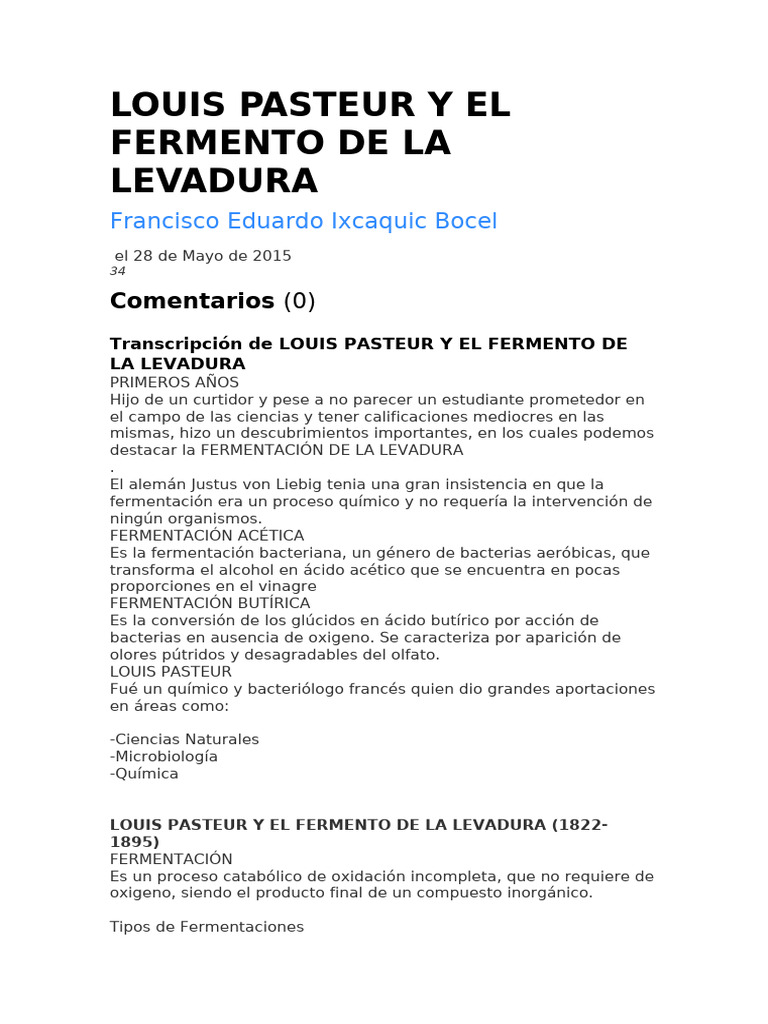 Pasteur y el descubrimiento de la fermentación | PDF | Luis Pasteur ...