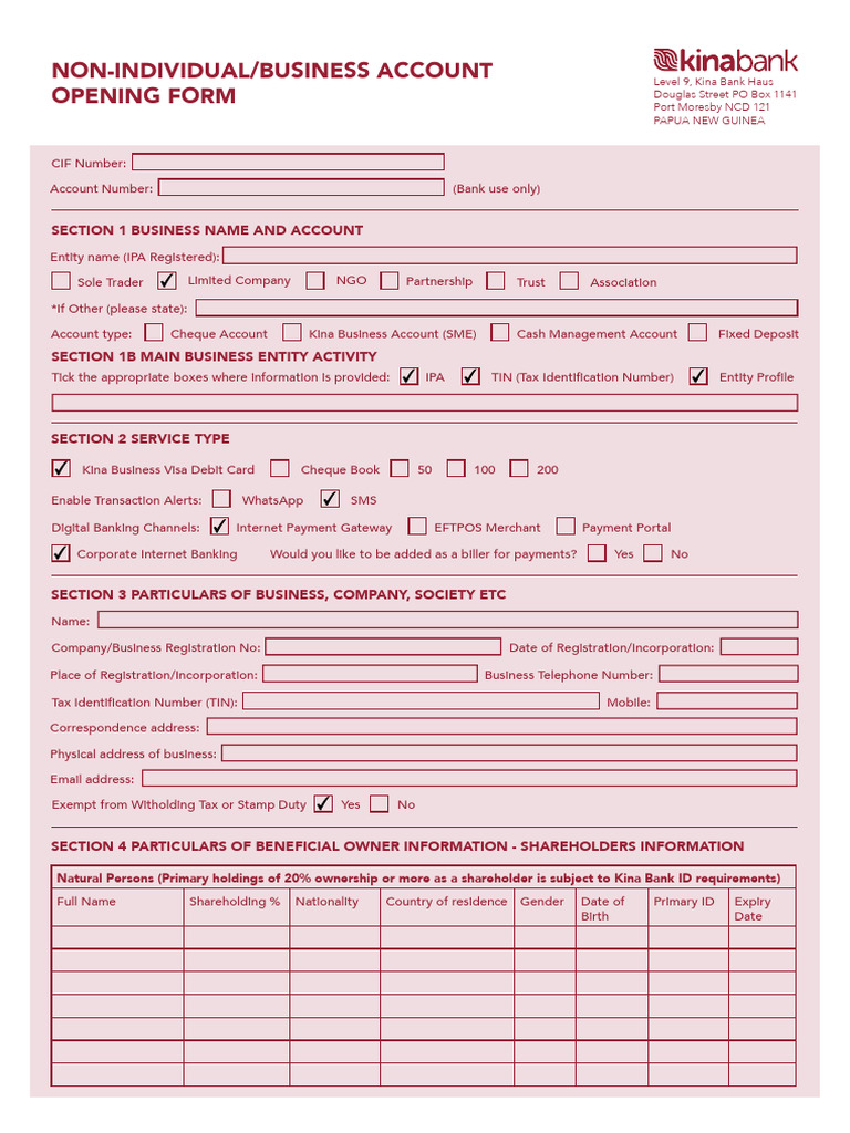 Kina Bank Business Account Application Form | PDF | Cheque | Banks