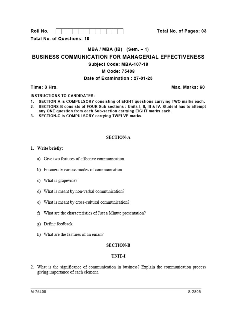 Mba 1 Sem Ib Business Communication For Managerial Effectiveness 75408 Jan 2023 | PDF ...