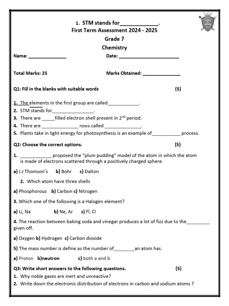 Grade 7 Chemistry First Term 2024 | PDF | Atoms | Chemical Elements
