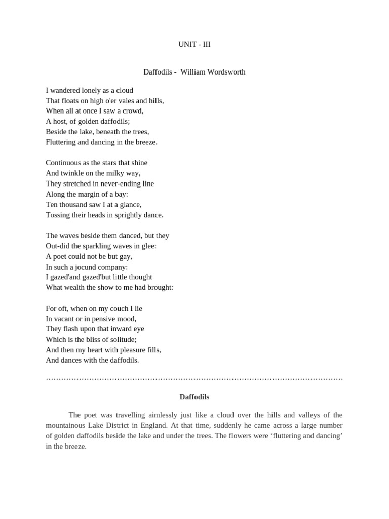 Daffodils, Mending Wall, A River | PDF | Poetry