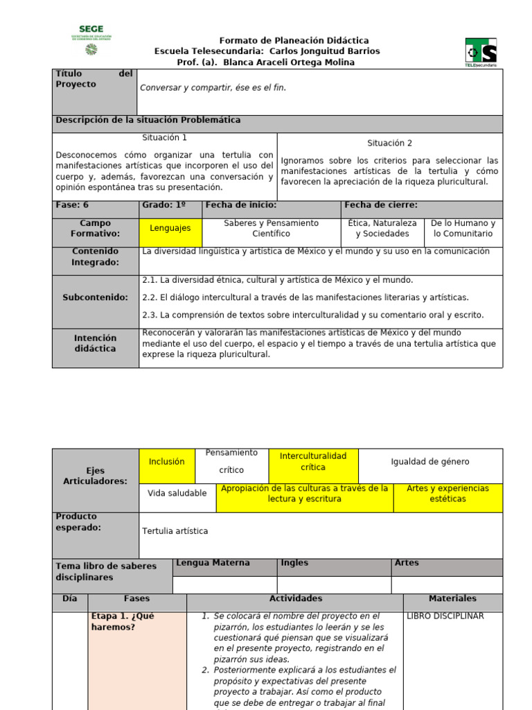 Formato de Planeación Didáctica NEM Duarte | PDF
