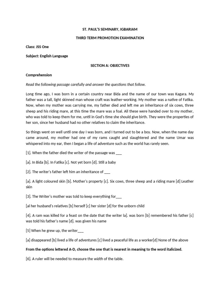 Third Term Exam Questions On English Language For JSS 1 | PDF