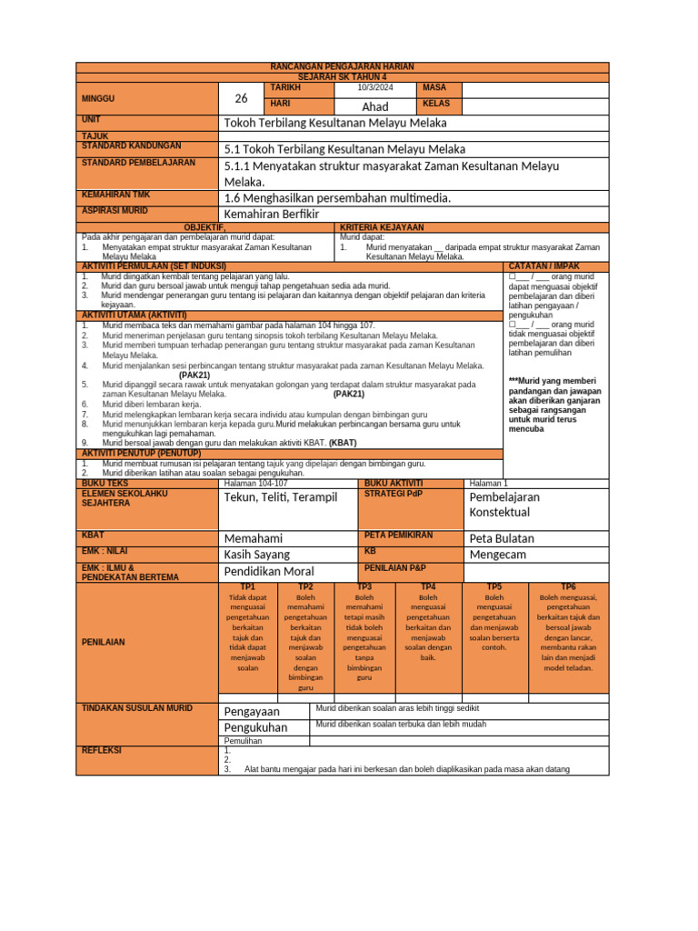 m26 RPH Sejarah THN 4 2024-2025 | PDF