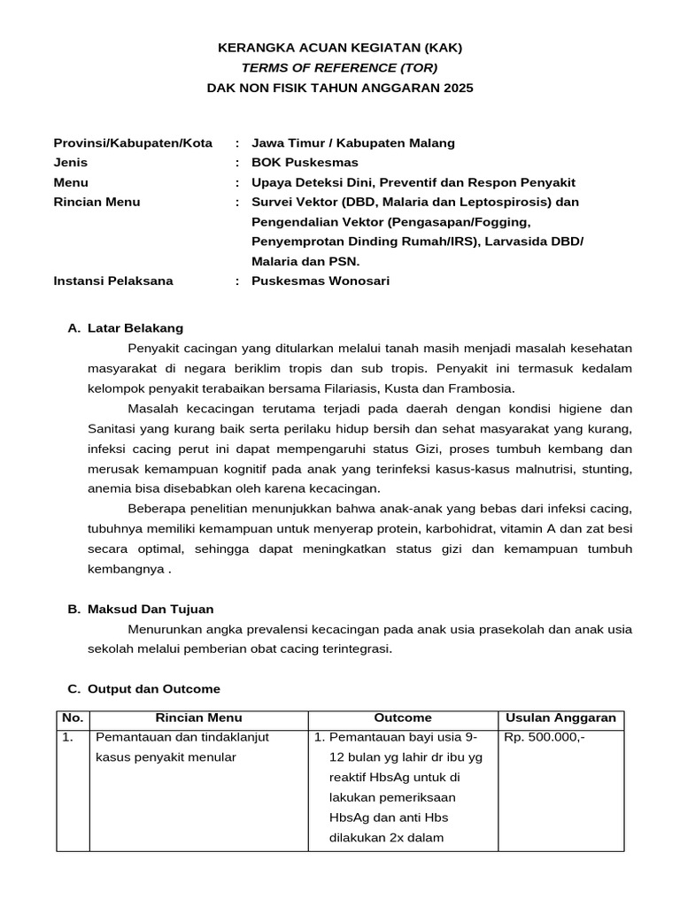 Contoh TOR Program Kecacingan Di Puskesmas | PDF | Pengembangan Diri | Kesehatan Holistik